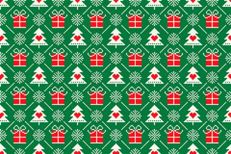 크리스마스 기호와 겨울 휴일 픽셀 원활한 패턴 크리스마스 트리 눈송이 선물 상자 장식 니트 스웨터 패턴 디자인 또는 크로스