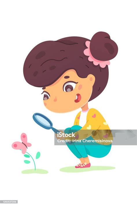 Vetores De Garota Olhando Para Borboleta Através De Lupa Ilustração Do Vetor De Visão Criança