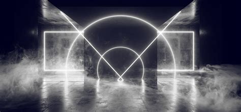 연기 배경 원형 네온 화이트 공상 과학 Fi 미래 지향적 인 형광 외계인 우주선 어두운 빈 그런 지 콘크리트 복도 터널 홀 룸