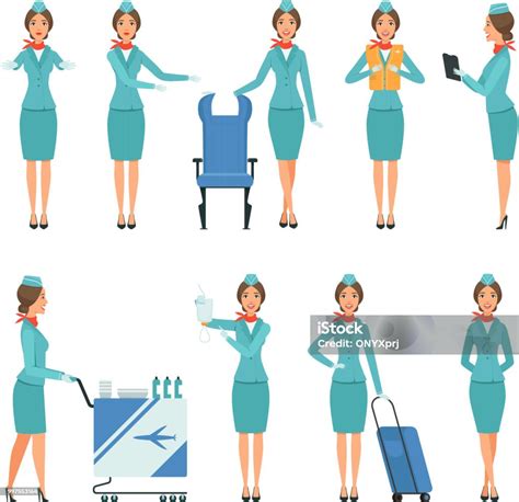 스튜 어디 스 문자입니다 액션 포즈에서의 다양 한 마스코트 공항 및 항공 노동자 항공 승무원에 대한 스톡 벡터 아트 및 기타 이미지 항공 승무원 등장인물 개체 그룹
