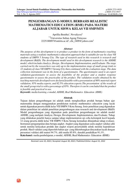 Pdf Pengembangan E Modul Berbasis Realistic Mathematics Education Rme Pada Materi Aljabar