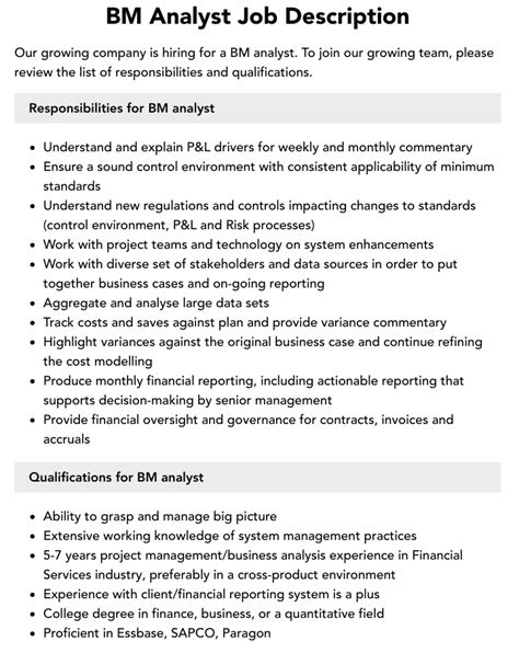Bm Analyst Job Description Velvet Jobs