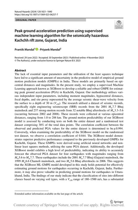 Peak Ground Acceleration Prediction Using Supervised Machine Learning