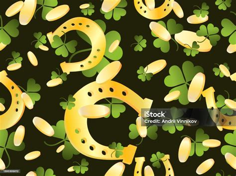 성 패트릭의 날을 위한 황금 말굽 이면에 금화와 클로버 광고 제품 엽서 및 인쇄를 위한 축제 배경 벡터 일러스트레이션 3월에 대한 스톡 벡터 아트 및 기타 이미지 Istock