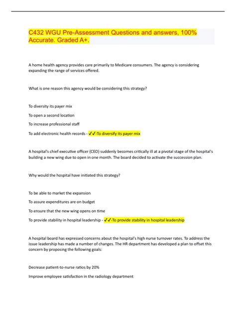 C432 Wgu Pre Assessment Questions And Answers 100 Accurate Graded A