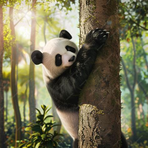 Cute Panda Hugging A Tree In A Forest Photorealistic Style Premium Ai