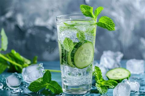 A Glass Of Sparkling Water Infused With Cucumber And Mint Surrounded By Ice Cubes And Fresh