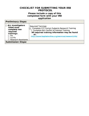 CHECKLIST FOR SUBMITTING YOUR IRB PROTOCOL Doc Template PdfFiller