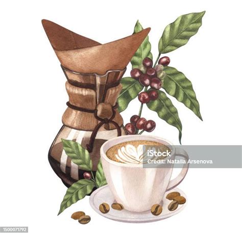 우유 거품이 있는 뜨거운 라떼 카푸치노가 있는 수채화 유리 커피 메이커 커피 필터와 빨간 커피 아라비카 콩은 하얀 배경에 분리된 손으로 그린 그림이다 완벽한 음식 메뉴