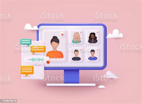 동료와 함께 복용하는 컴퓨터 화면에있는 사람들 화상 회의 및 온라인 모임 작업 영역입니다 3d 웹 벡터 일러스트레이션 Brand Name Online Messaging