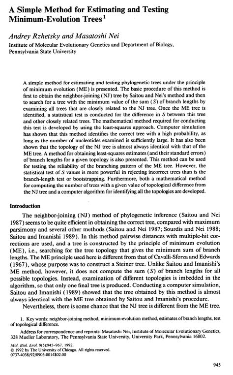 pdf a simple method for estimating and testing minimum evolution trees