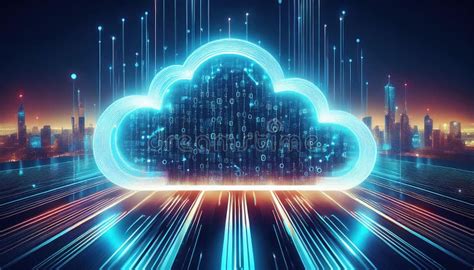 glowing cloud icon made of swirling binary code streams floats above