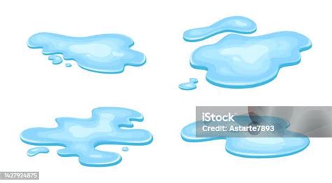 물 웅덩이 세트 액체 만화 스타일 흰색 배경에 고립 된 드롭 파란색 분할 바닥에 튀기 벡터 일러스트 레이 션 웅덩이에 대한 스톡