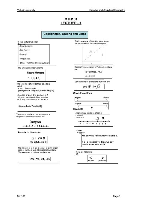 Mth101 1 Lecture Notes 1 47 Mth Lectuer 1 Coordinates Graphs And