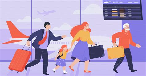비행기 플랫 벡터 일러스트레이션을 찍기 위해 서두르는 사람들 딸을 둔 어머니 사업가 노인이 비행기에 늦었다 짐을 나르고