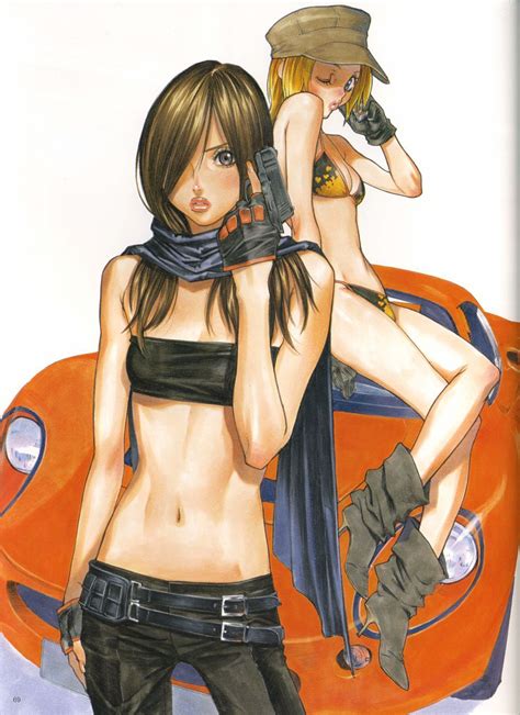 A Drawing Of Two Women Standing Next To Each Other In Front Of A Red Car