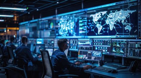 Cybersecurity Operations Center A Bustling Hightech Operations Center With Large Screens