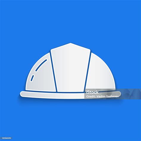 파란색 배경에 격리 된 작업자 안전 헬멧 아이콘을 잘라 종이 종이 아트 스타일 벡터 일러스트레이션 안전모에 대한 스톡 벡터 아트