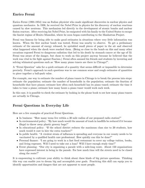 Fermi Questions Handoutsandlessonplan Pdf