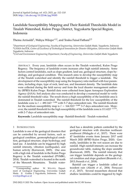 Pdf Landslide Susceptibility Mapping And Their Rainfall Thresholds Model In Tinalah Watershed