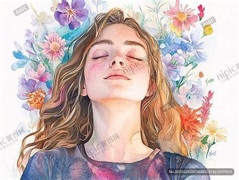 ai创作图闭眼女孩 花卉 水彩 艺术 插画 花朵 色彩 梦幻 长发 浪漫 自然 唯美 清新 柔美 诗意 昵图网