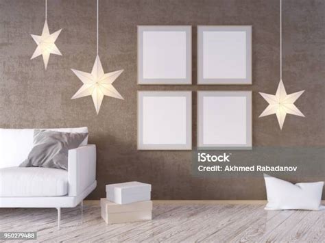 거실 인테리어 벽 회색 패브릭 소파 베개 흰색 배경 3d 렌더링 3d 그림에 크리스마스 스타와를 모의 0명에 대한 스톡 사진 및