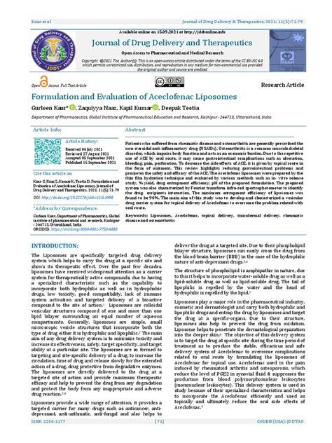 Formulation And Evaluation Of Aceclofenac Liposome Pdf Liposome Solubility
