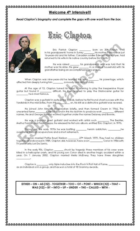 Eric Clpton Esl Worksheet By Springboard