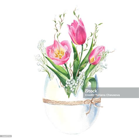 황마 코드가 있는 수채화 행복한 부활절 달걀 핑크 튤립 석고 및 버드 나무 가지 위대한 것 파티 카드 엽서 디자인 패브릭 인쇄 배경을 위한 식물 손으로 그린 그림 4월에