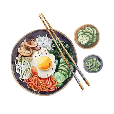 Traditionelles Gericht Der Asiatischen Küche Mit Reis Und Gemüseaquarellillustration
