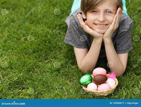 Boy With Festive Easter Eggs Stock Image Image Of Seasonal Nature