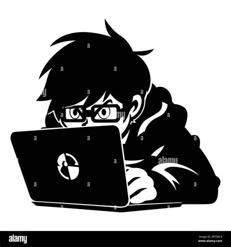 Computer Hacker With Laptop Black And White Color Stock Vector Image