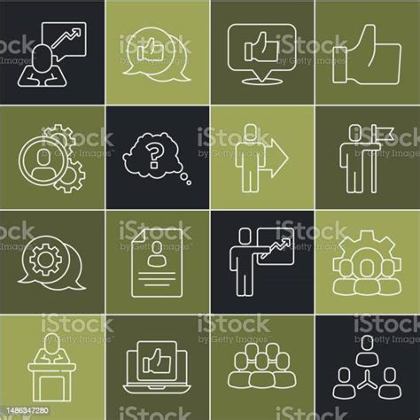 라인 프로젝트 팀 베이스 팀 리더 손 좋아요 물음표 헤드 헌팅 및 아이콘을 설정합니다 벡터 Brand Name Online Messaging Platform에 대한 스톡