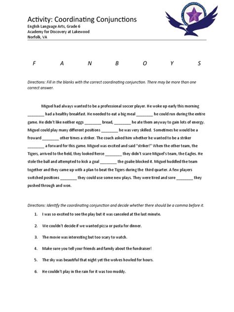 Coordinating Conjunctions Activity Adl Grade 6 Download Free Pdf
