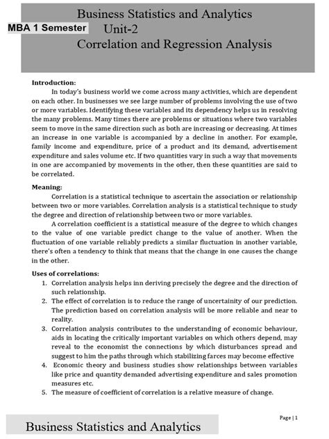 Business Statistics And Analytics Unit 2 Notes Correlation And Regression Pdf Regression