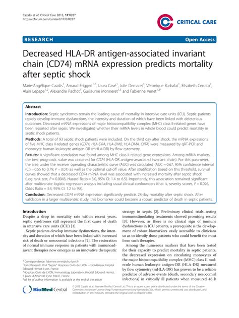 Pdf Decreased Hla Dr Antigen Associated Invariant Chain Cd74 Mrna Expression Predicts