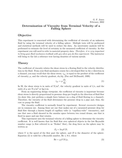 Pdf Determination Of Viscosity From Terminal Velocity Of A Falling Sphere