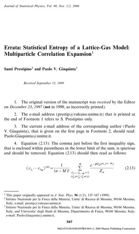 Pdf Errata Statistical Entropy Of A Lattice Gas Model Multiparticle