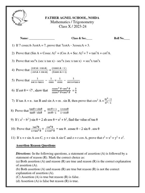 Class 10 Cbse Trigo Wksht Pdf Trigonometry Trigonometric Functions