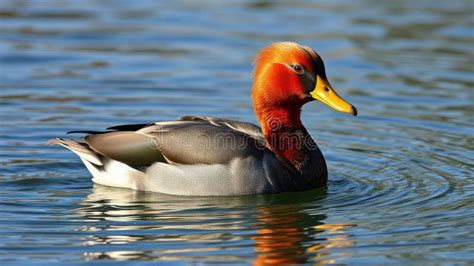 Male Redhead Duck Swimming Gracefully In A Calm Lake During Sunny Weather Stock Image Image Of