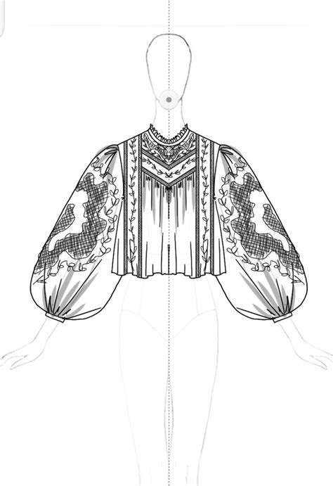 New Romantic Blouse Embroidered Blouse Technical Drawing New