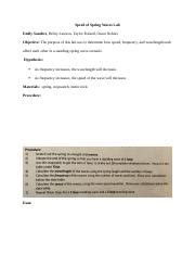 Physics 2 Speed Of Spring Waves Lab Docx Speed Of Spring Waves Lab Emily Sanders Briley Lawson