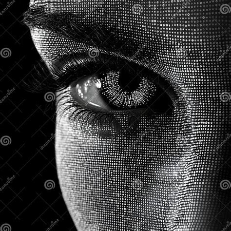 close up of an eye rendered with binary code texture and halftone