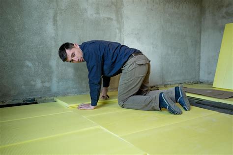 Installation Of Expanded Polystyrene In The Room For Floor Insulation Repair Work Alone Yellow