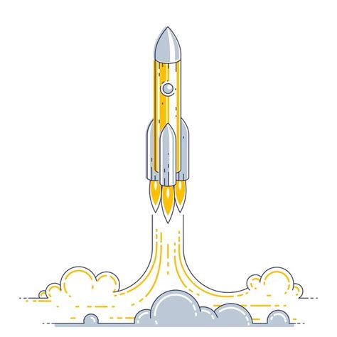 미지의 공간으로 로켓 발사 우주 숨막히는 우주 과학을 탐험하세요 얇은 라인 3d 벡터 일러스트 레이 션 흰색 절연입니다 프리미엄 벡터
