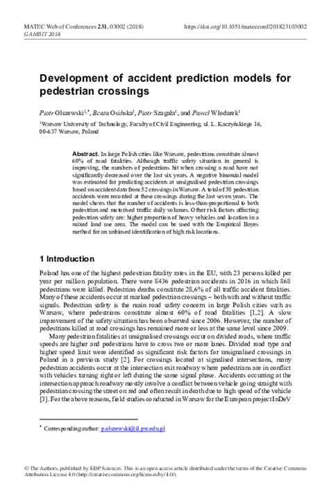 Pdf Development Of Accident Prediction Models For Pedestrian