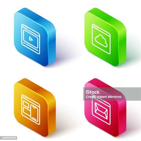 아이소메트릭 라인 온라인 플레이 비디오 클라우드 기술 데이터 전송 웹 개발자 프로그래밍 코드 웹사이트 및 메일 아이콘을 설정합니다 벡터 3차원 형태에 대한 스톡 벡터 아트