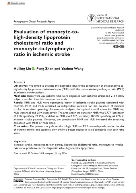 Pdf Evaluation Of Monocyte To High Density Lipoprotein Cholesterol Ratio And Monocyte To