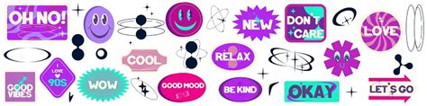 Y2k 스티커 트렌디 한 세트 텍스트가 있는 90년대 디자인 스티커 좋아 와우 진정해 귀여운 보라색 라벨 Y2k 트렌디한 형태의 미적 팩 플랫 벡터 그림 아이에 대한 스톡